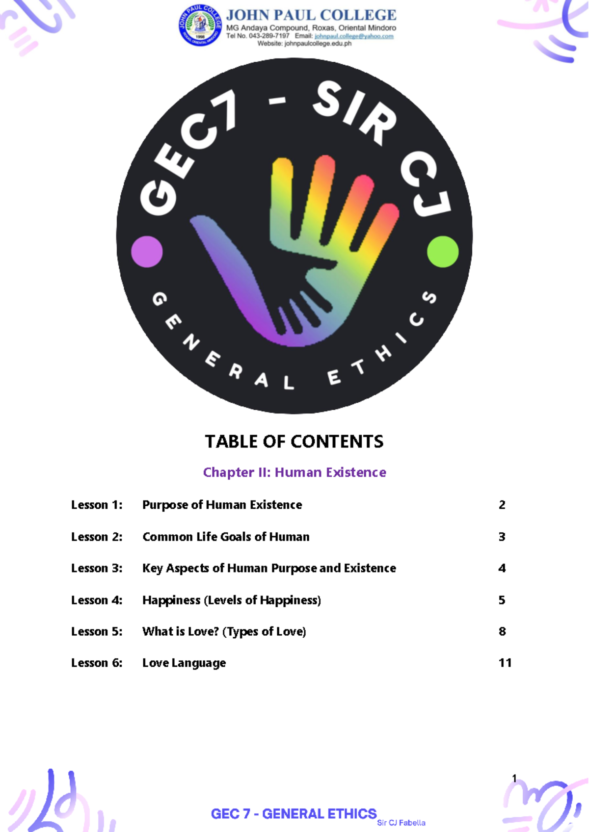 GEC7- Module-2 - lesson that can help you to study - TABLE OF CONTENTS Chapter II: Human ...