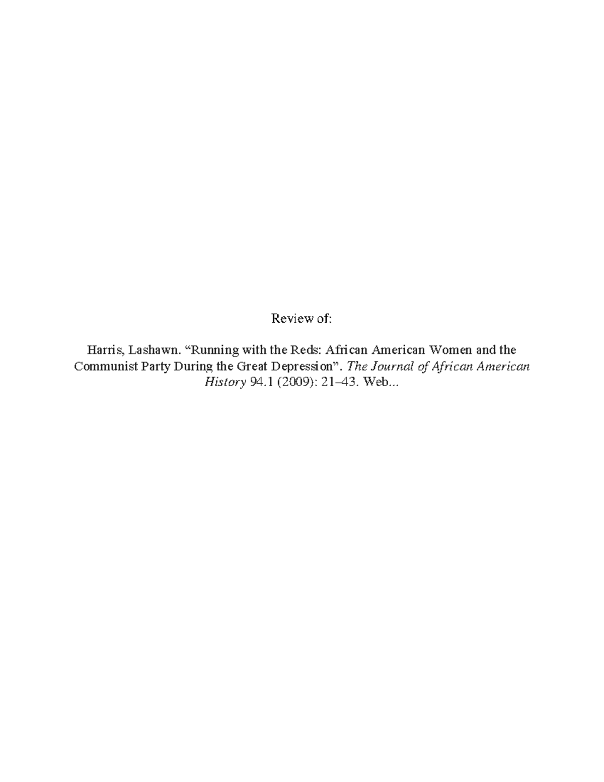 Article Review - Review of: Harris, Lashawn. “Running with the Reds ...