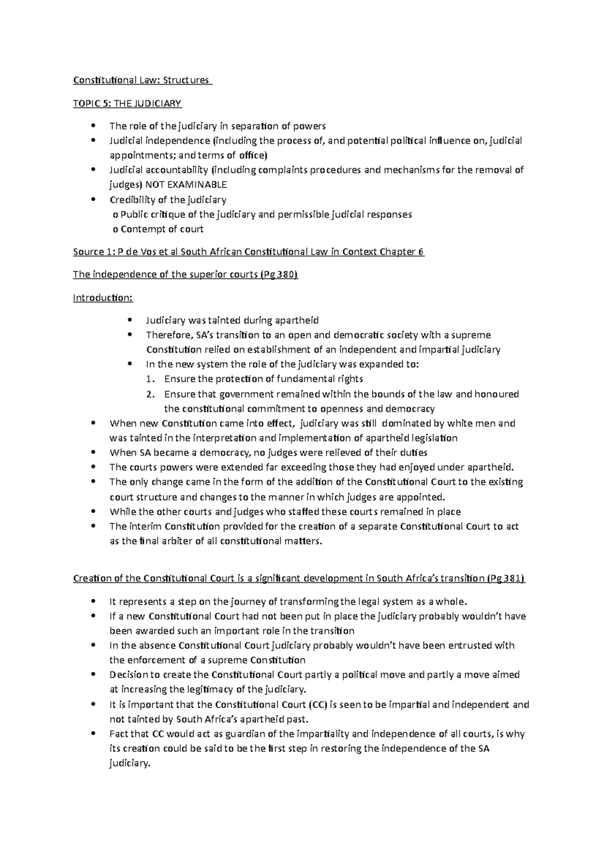 Judiciary Notes - Constitutional Law: Structures TOPIC 5: THE JUDICIARY ...
