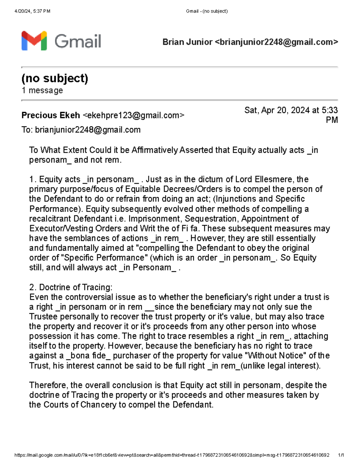 Equity and trustdoctrine of tracing - 4/20/24, 5:37 PM Gmail - (no subject) - Studocu