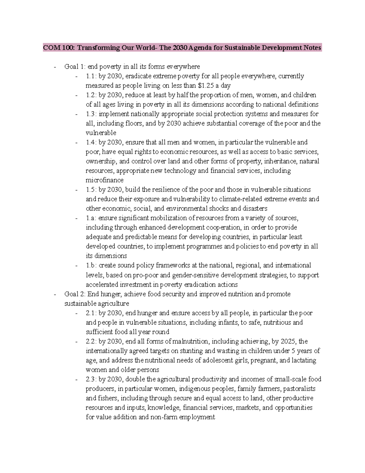 Transforming Our World Goals 1-5 - COM 100: Transforming Our World- The ...