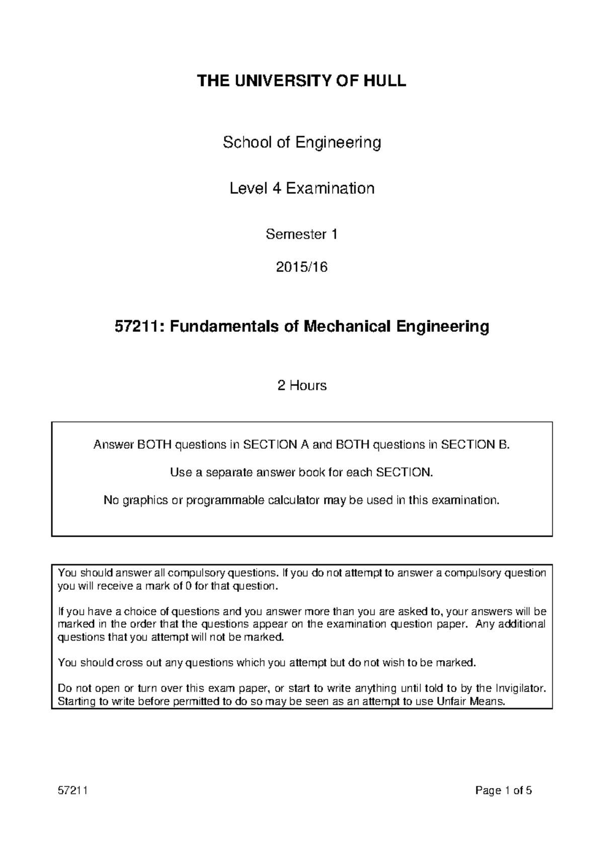 Fundamentals of Mechanical Engineering Exam 2016 - THE UNIVERSITY OF ...