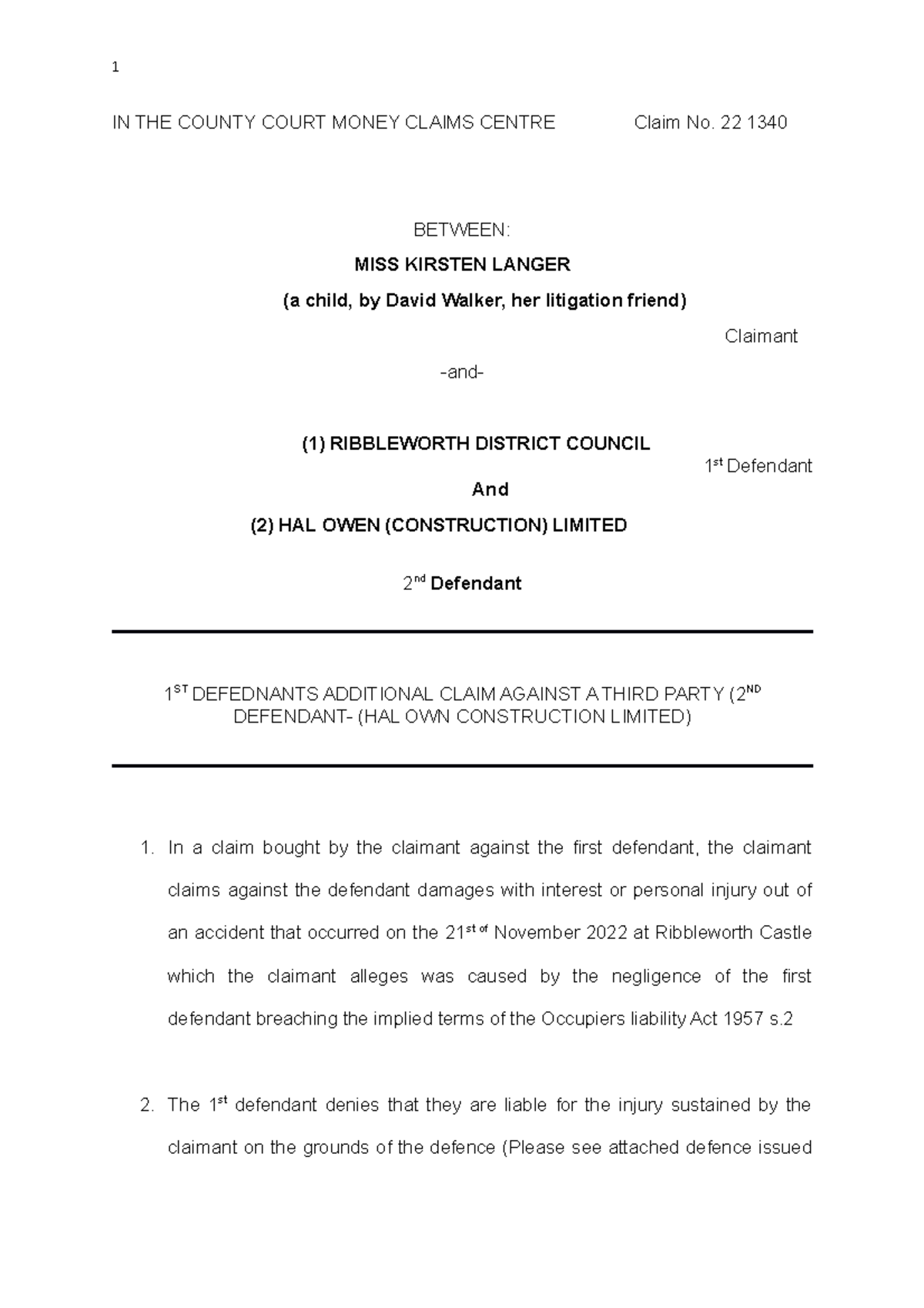 Defence and third party claim- edit - IN THE COUNTY COURT MONEY CLAIMS ...