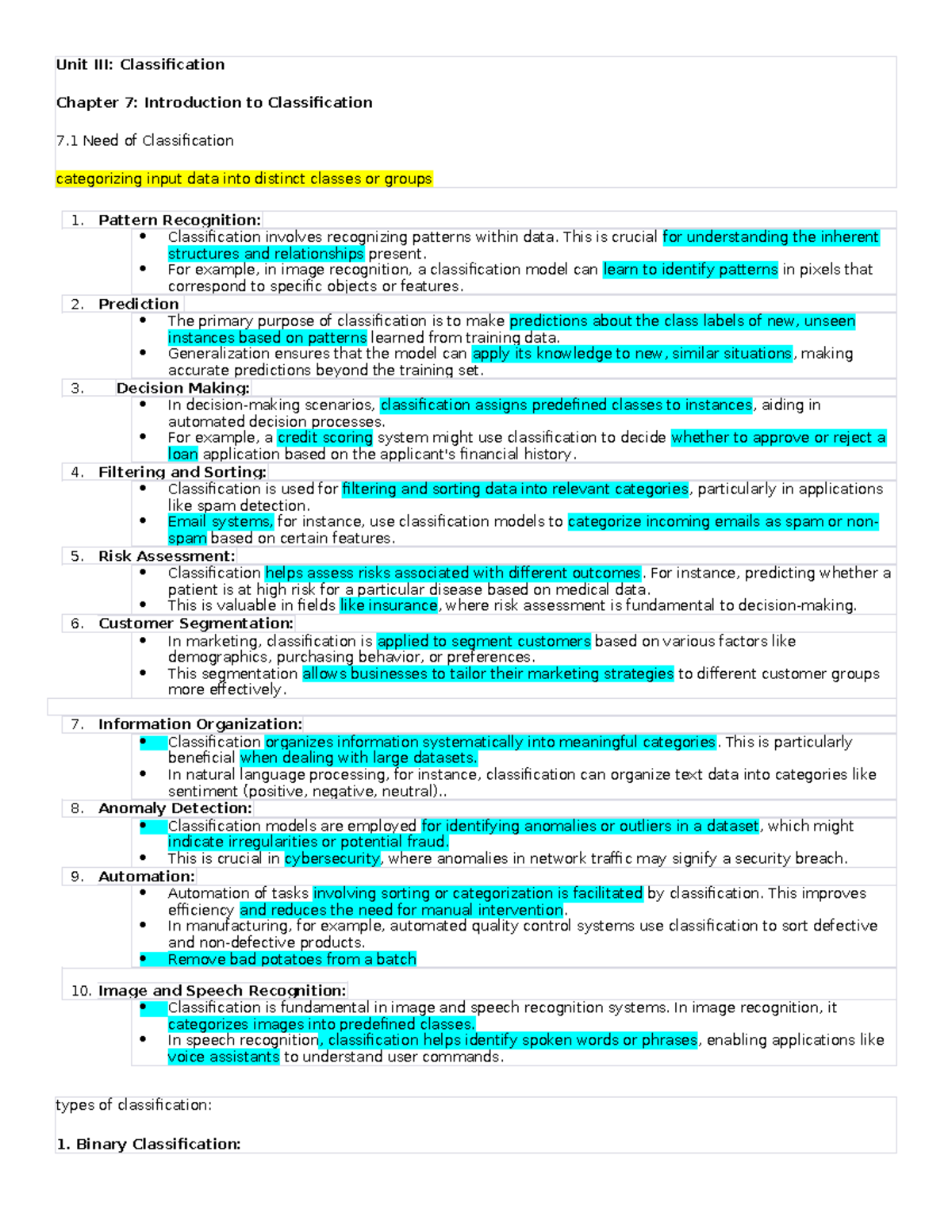 Unit III - .. Jhhhgjjjjkkkk - Unit III: Classification Chapter 7 ...
