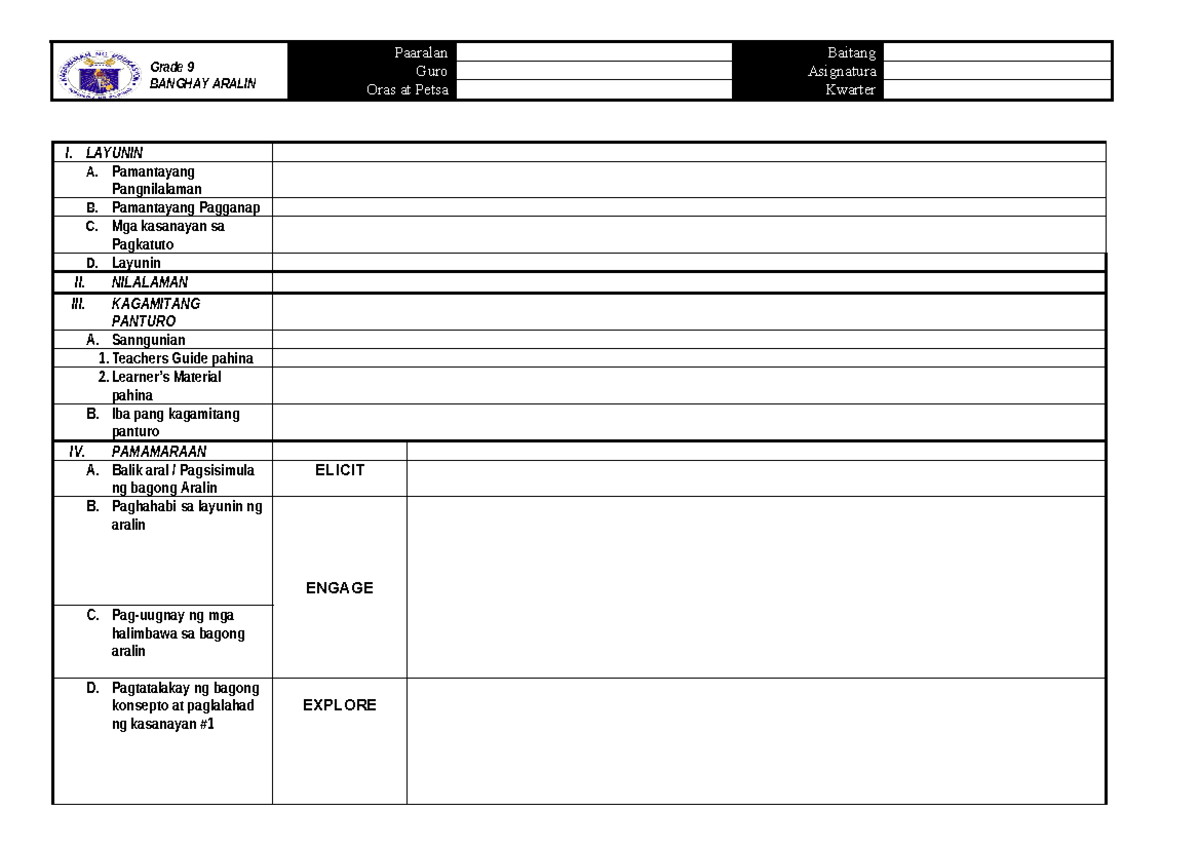 Dep Ed-LP-Template - For lesson planning - Grade 9 BANGHAY ARALIN ...