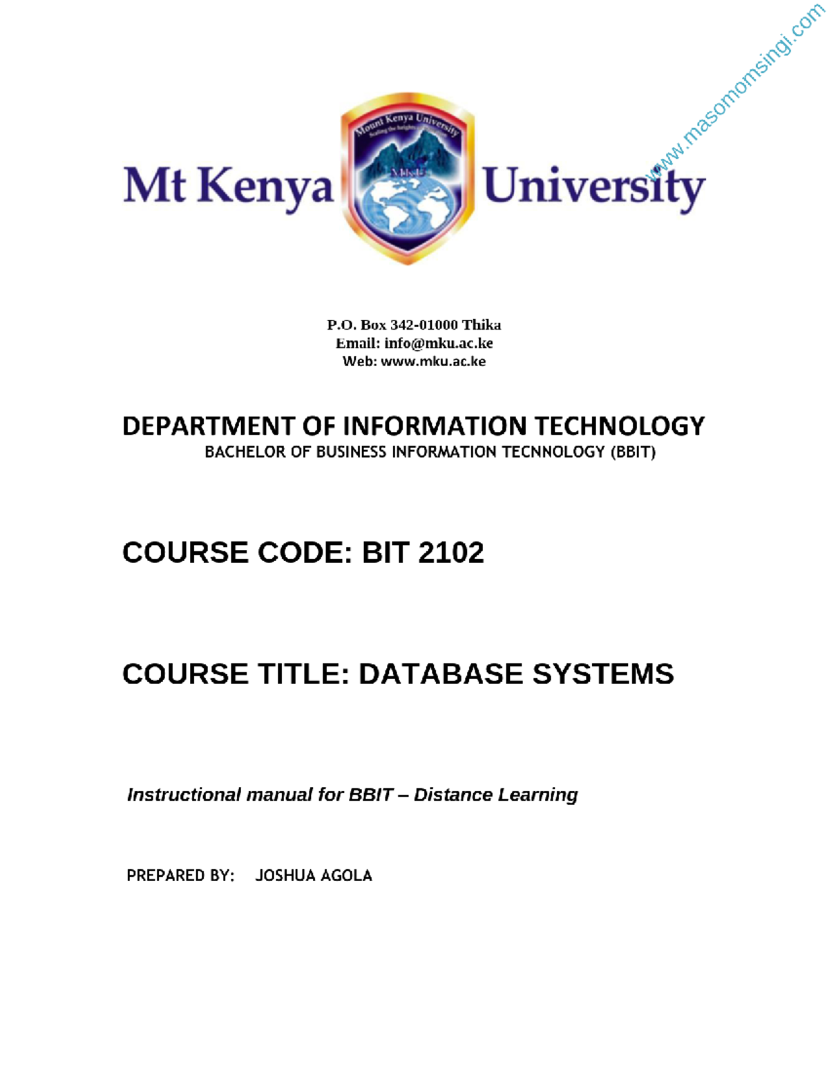 BBIT MKU - Database Systems PDF - Masomo Msingi Publishers - Computer science - Studocu