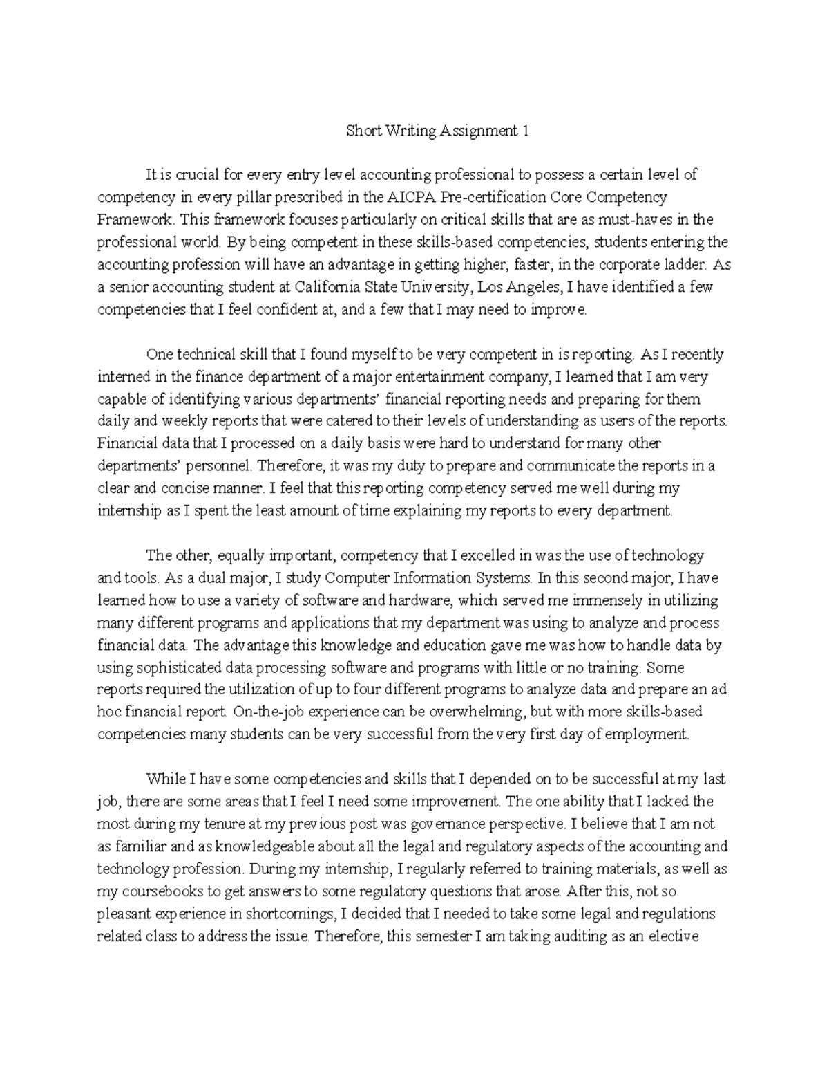 ACCT 3250 Short Writing Assignment 1 - Short Writing Assignment 1 It is ...