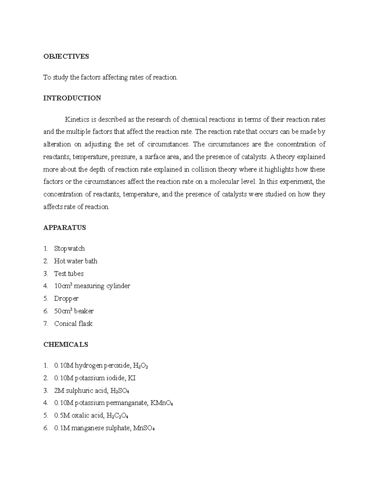 EXP 3 - kinetics - Complete lab report - OBJECTIVES To study the ...
