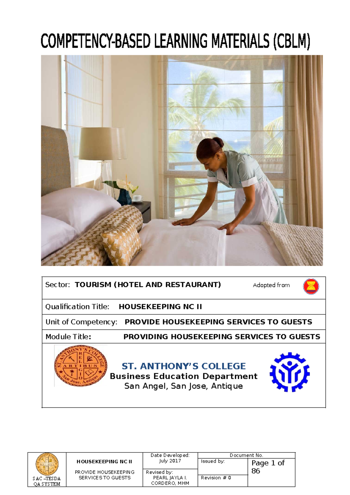 CBLM 1 Provide Housekeeping Services to guests Final - SAC –TESDA ...