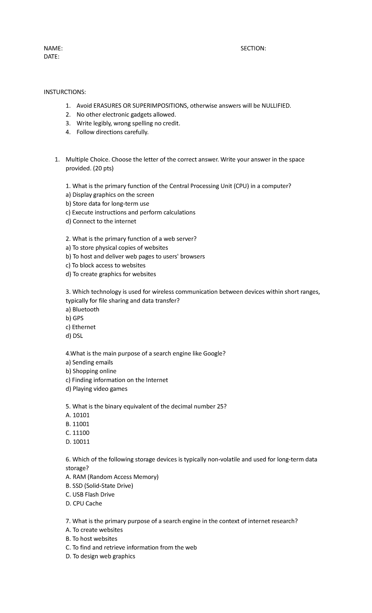 Prelim Exam Intro To Computing - NAME: SECTION: DATE: INSTURCTIONS ...