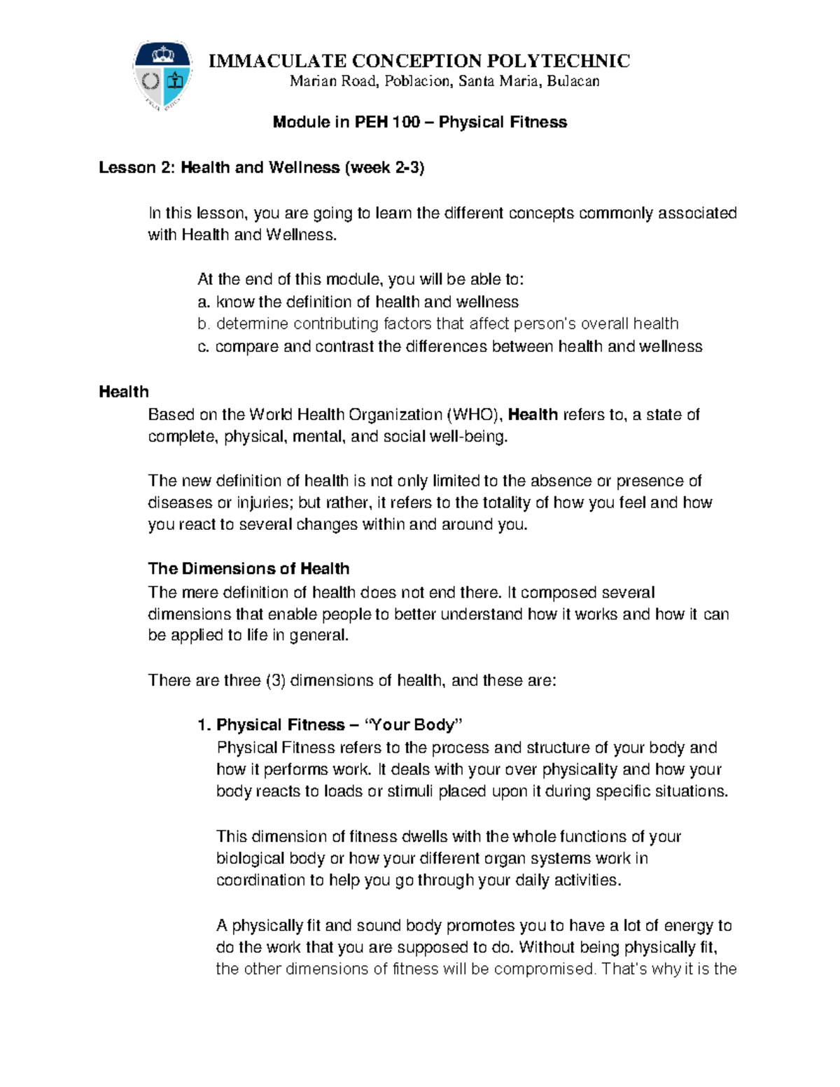 Lesson 2 Health and Wellness - IMMACULATE CONCEPTION POLYTECHNIC Marian ...