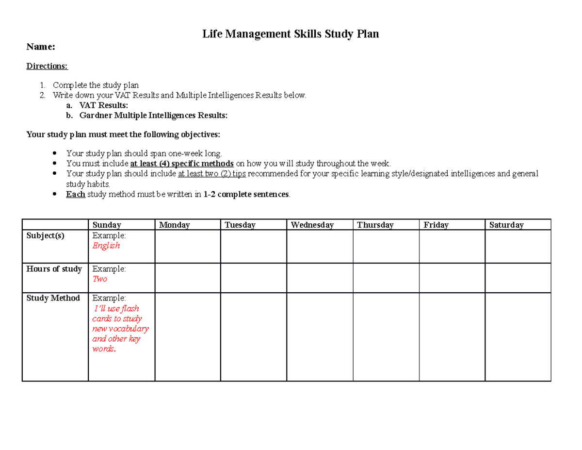 Life+Management+Skills+Study+Plan - Life Management Skills Study Plan ...