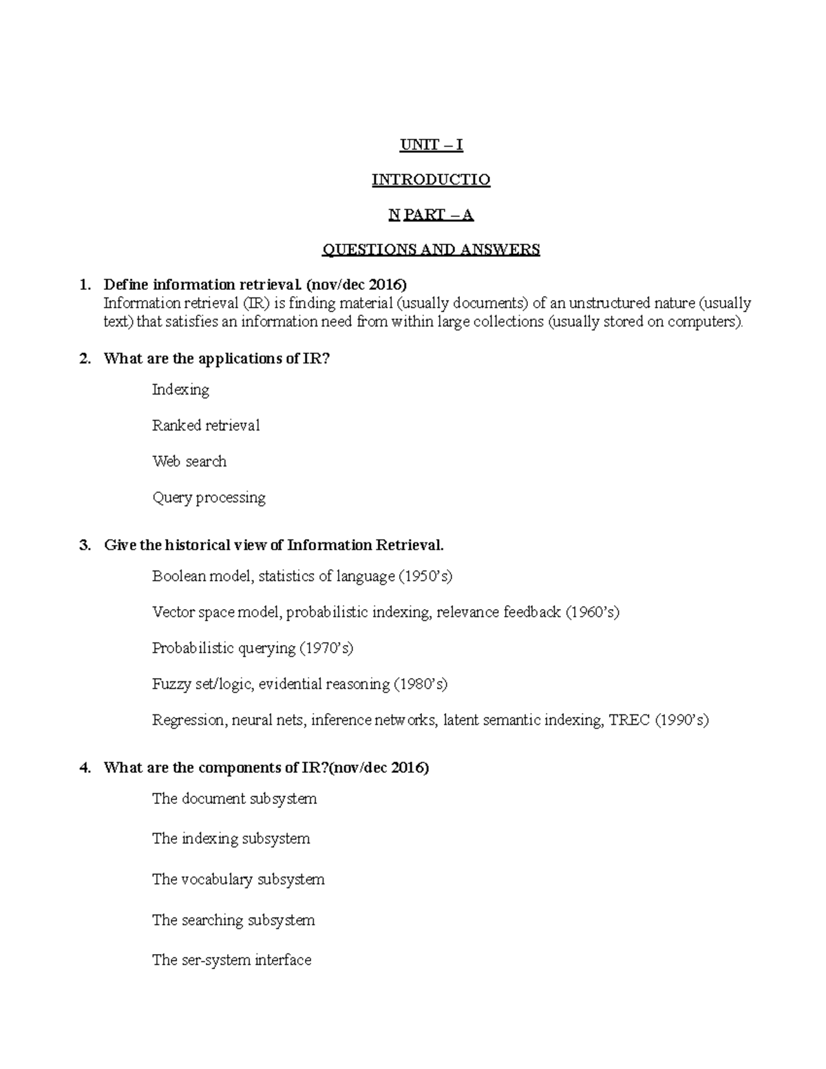 Information Retrieval Question bank - UNIT – I INTRODUCTIO N PART – A ...