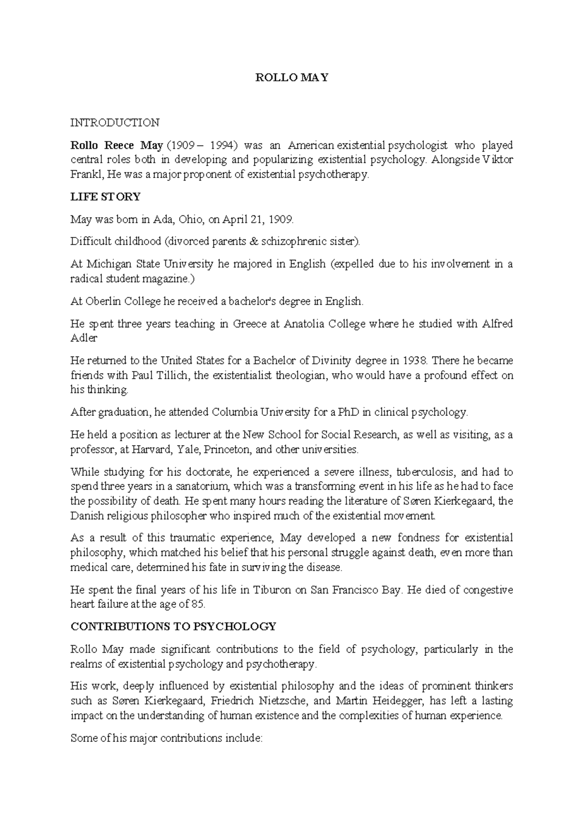 Rollo MAY - ROLLO MAY INTRODUCTION Rollo Reece May (1909 – 1994) was an ...