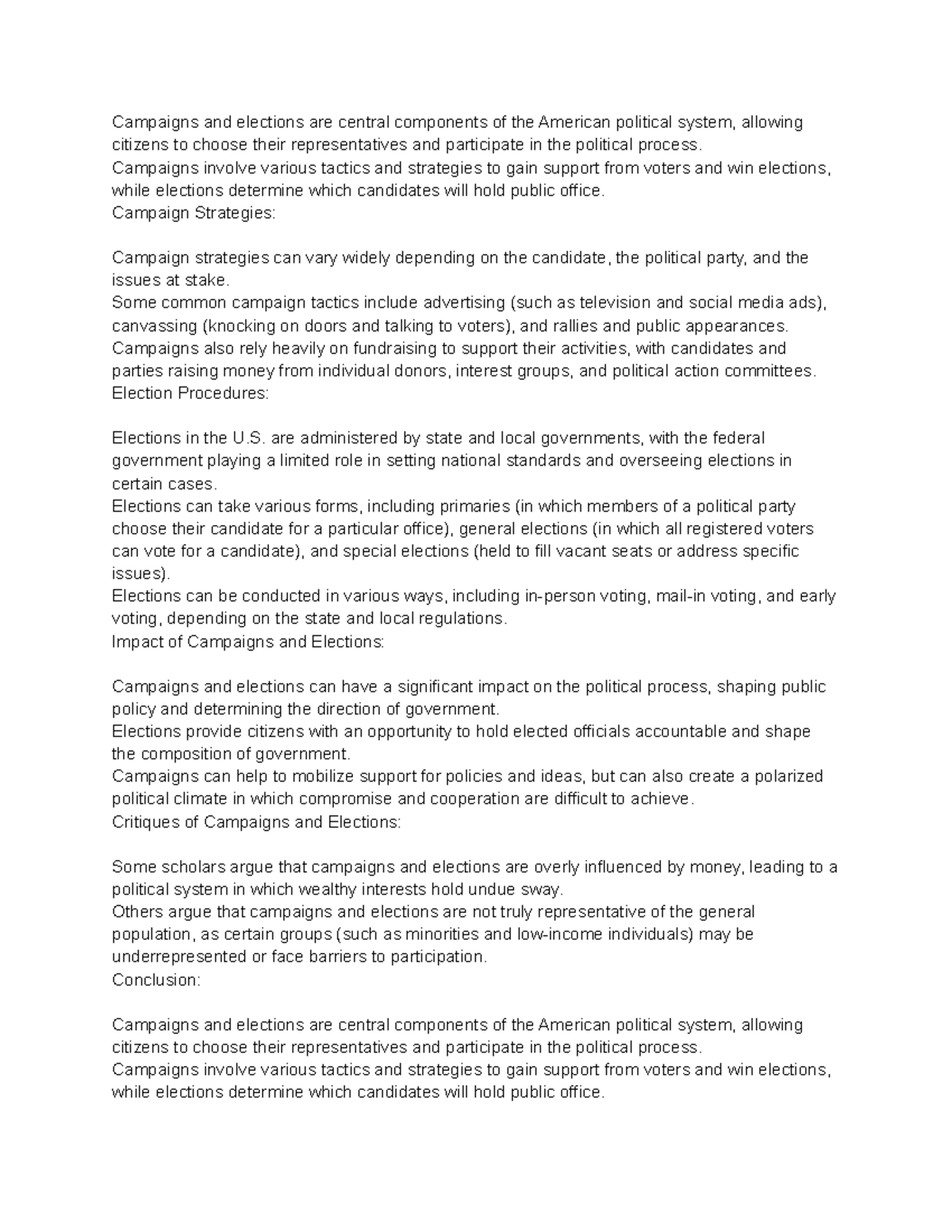 Campaigns and Elections - Campaigns involve various tactics and ...