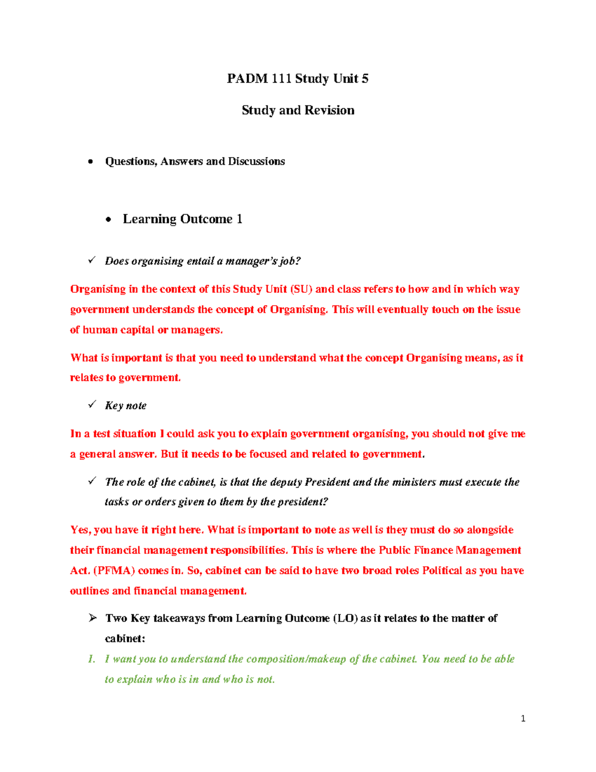 SU 5 Study Notes for elearning - PADM 111 Study Unit 5 Study and ...