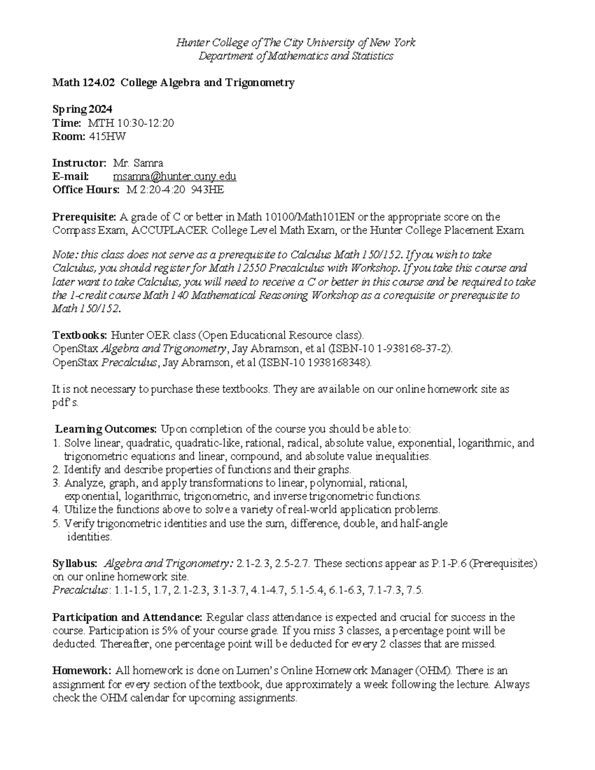 Math 124 Syllabus - Hunter College of The City University of New York ...