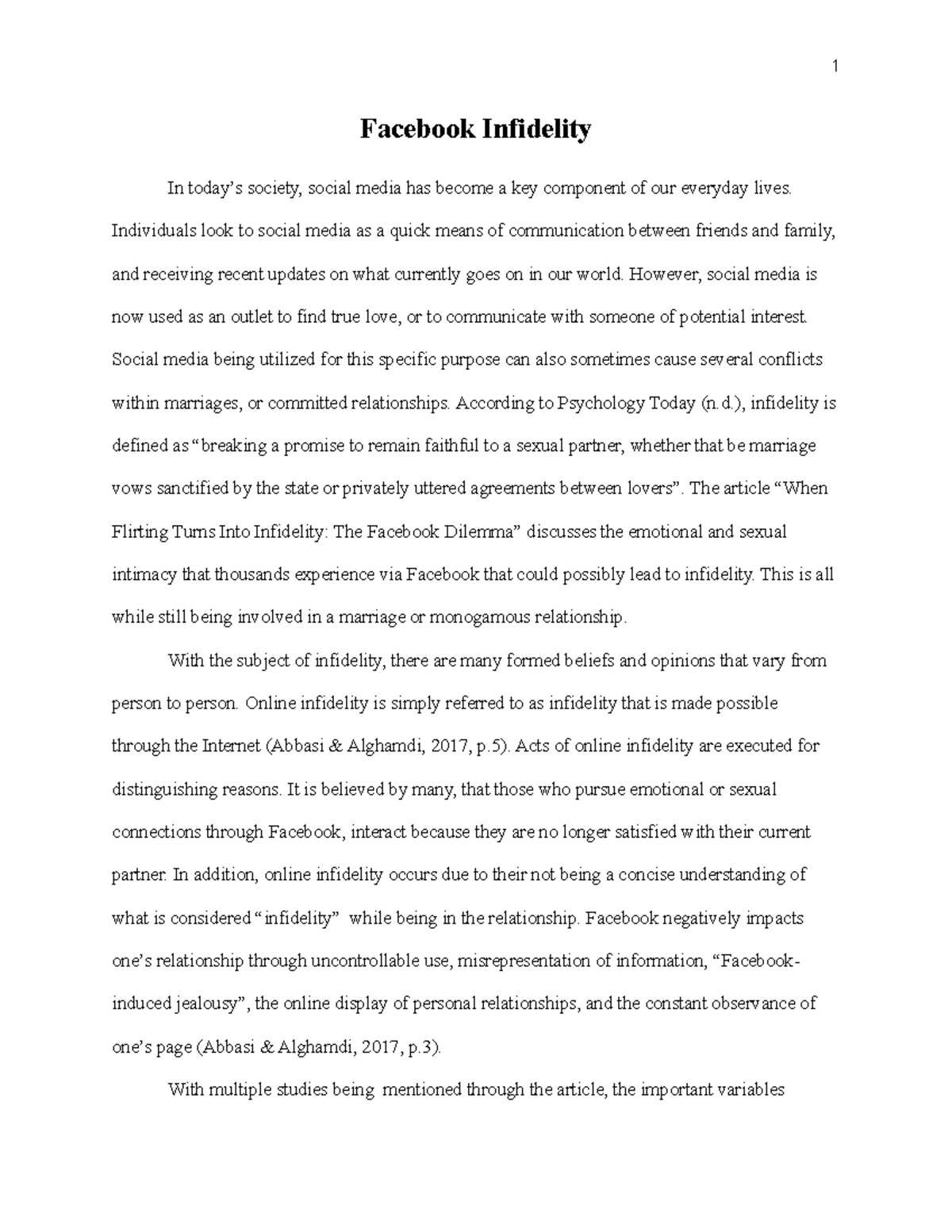 Research Pool (Facebook Infidelity) - Facebook Infidelity In today’s ...