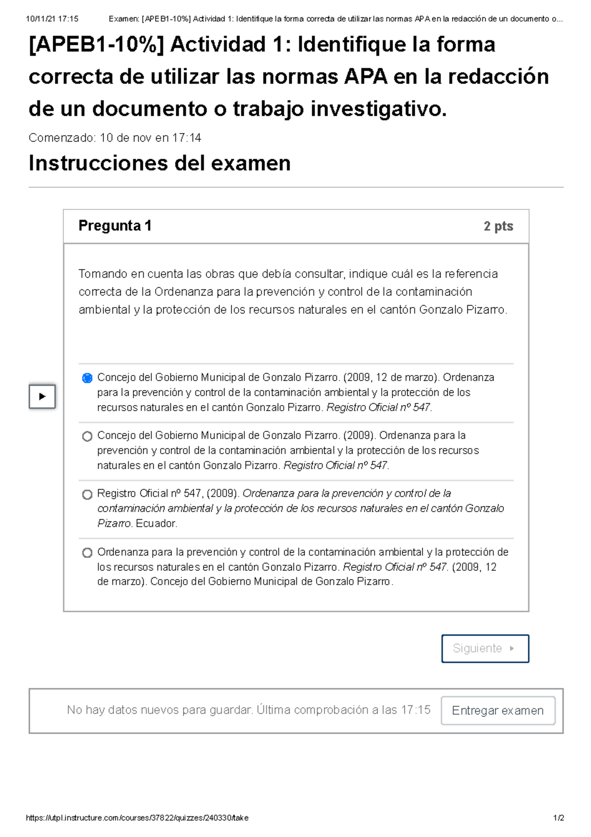 [APEB 1-10%] Actividad 1 Identifique la forma correcta de utilizar las normas APA en la ...