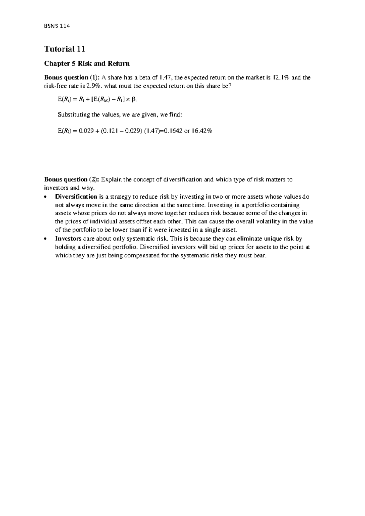 Tut 11 Solutions BSNS114 - BSNS 114 Tutorial 11 Chapter 5 Risk and ...