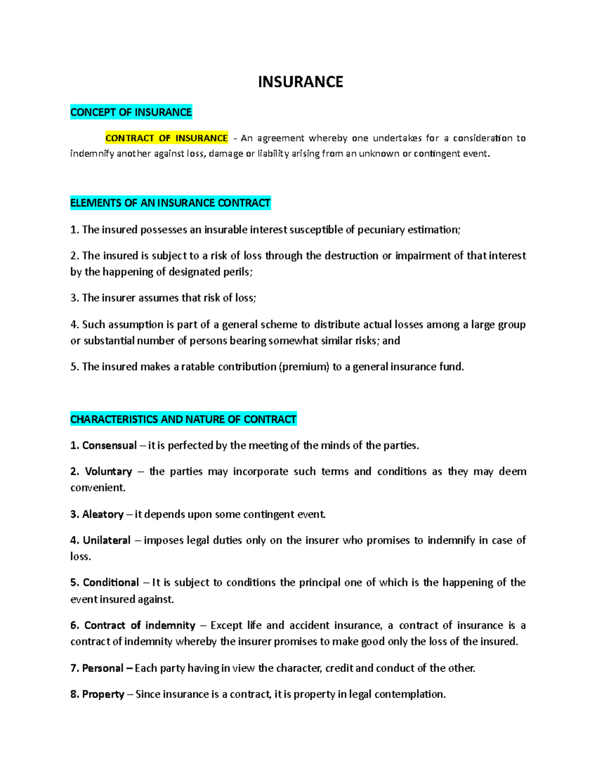 Insurance Reviewer - INSURANCE CONCEPT OF INSURANCE CONTRACT OF ...