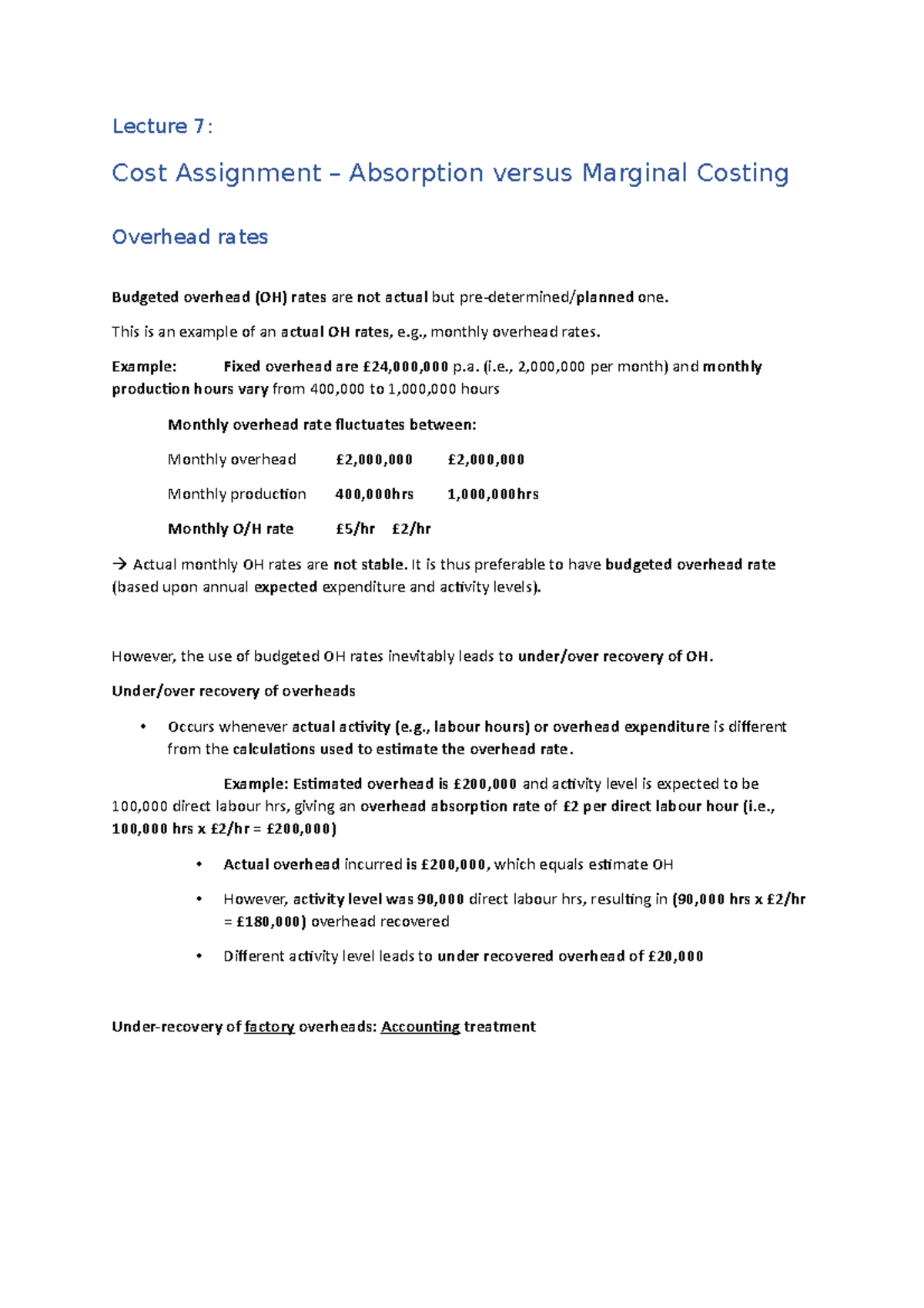 Lecture 7 - Cost Assignment – Absorption versus Marginal Costing ...