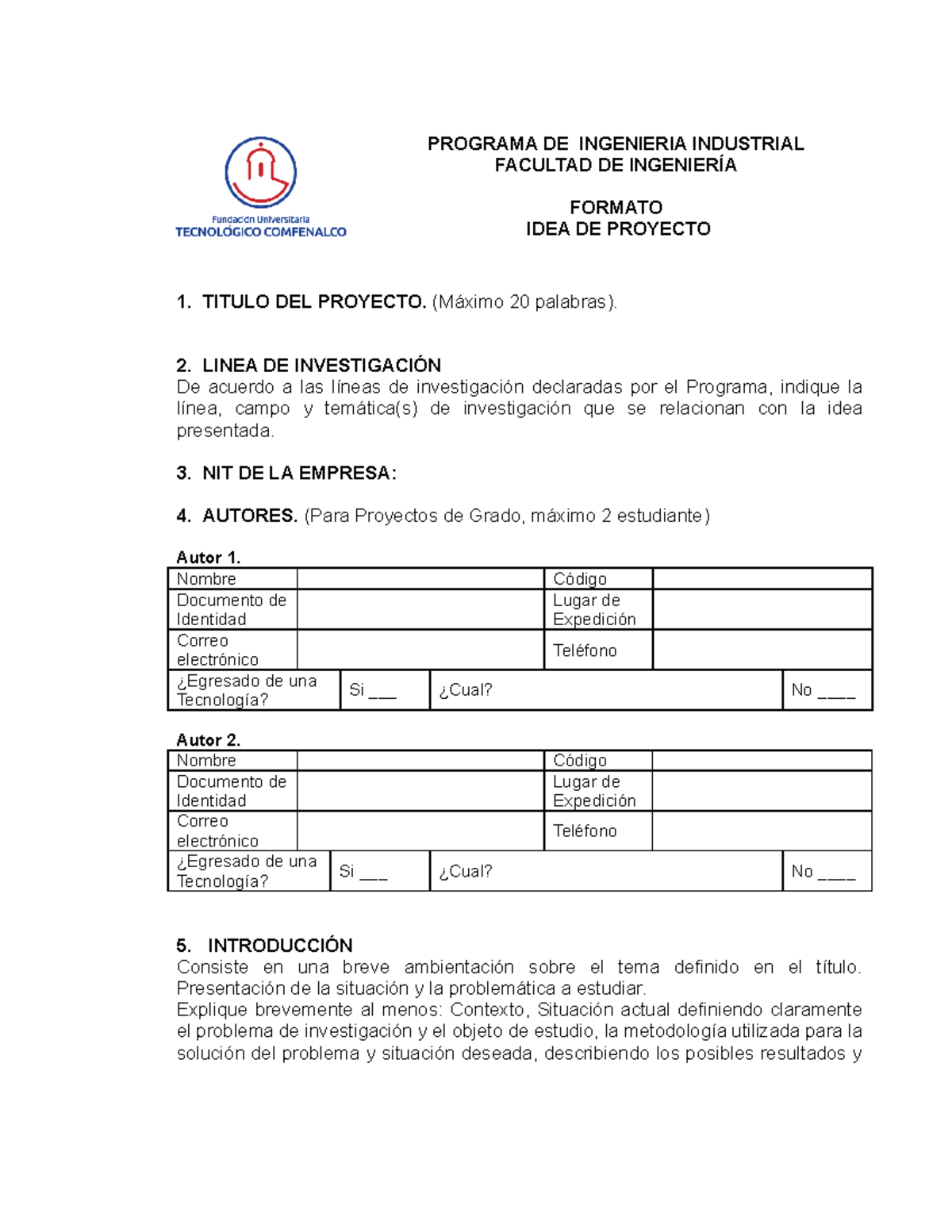 1. Formato Idea de proyecto - PROGRAMA DE INGENIERIA INDUSTRIAL ...