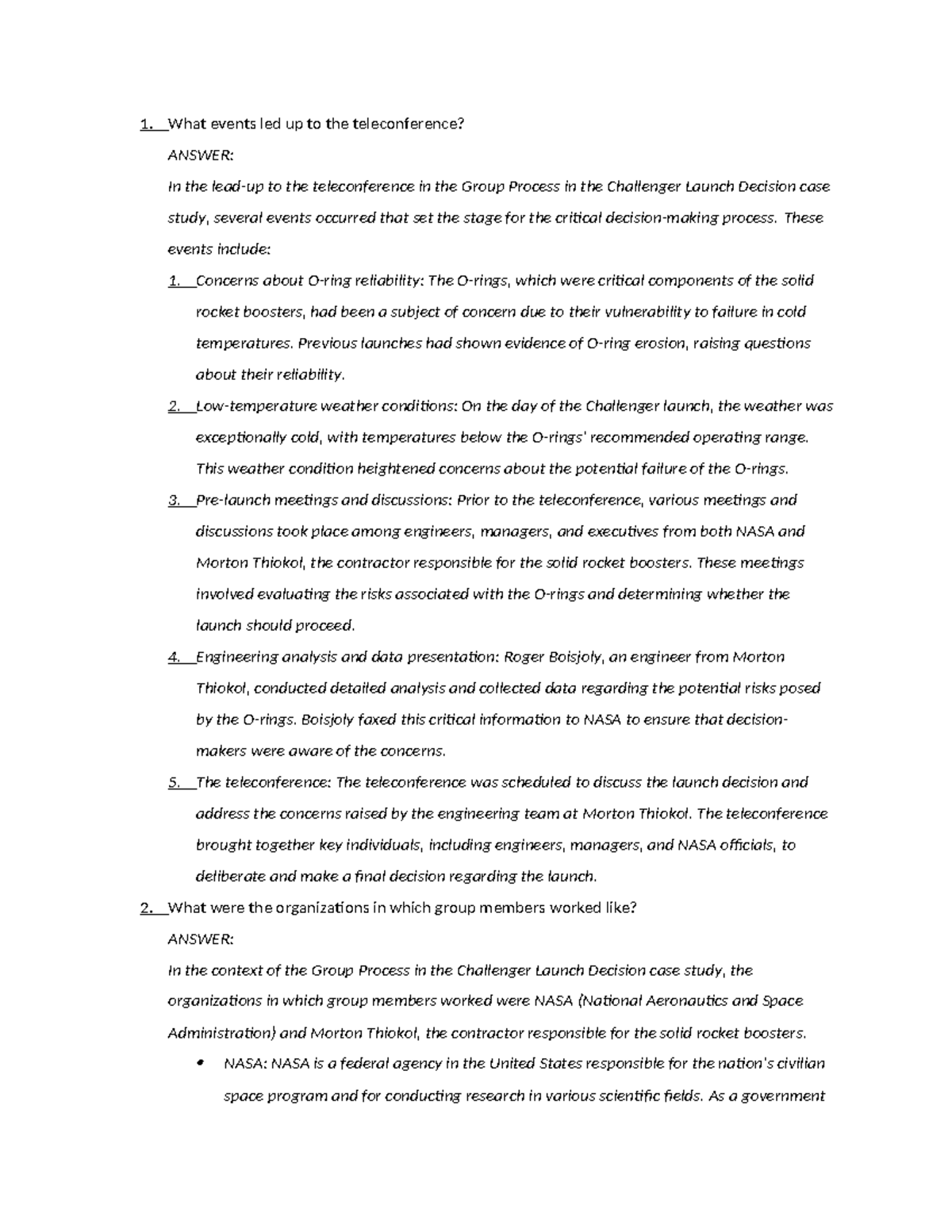 Challenger Analysis - What events led up to the teleconference? ANSWER ...