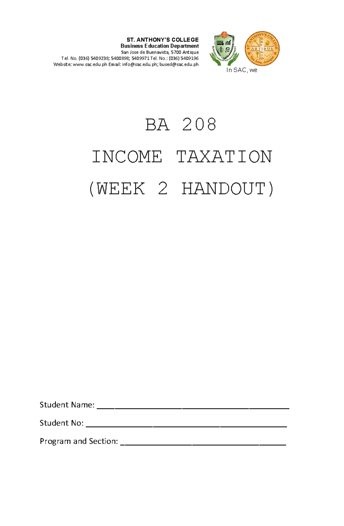 WEEK 2 EXAMPLE TEMPLATE - Business Education Department San Jose de ...