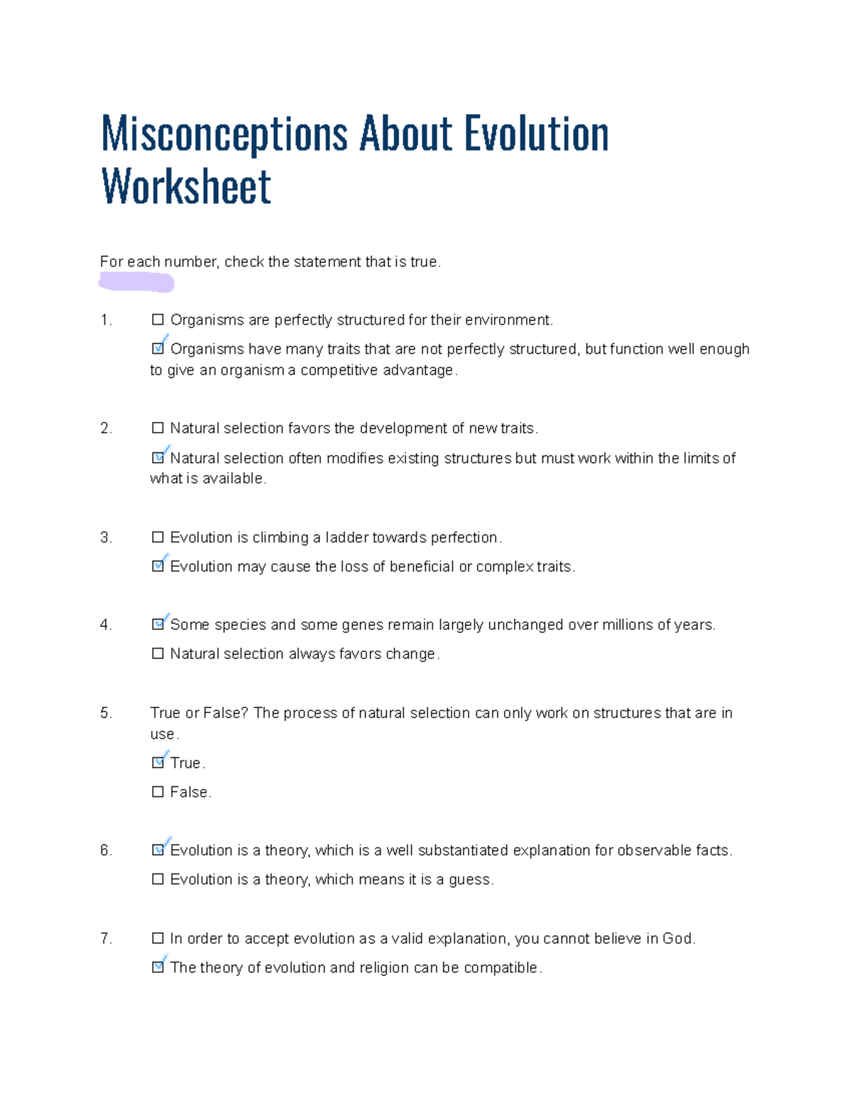 Misconceptions About Evolution Worksheet - Misconceptions About Evolution Worksheet For each ...