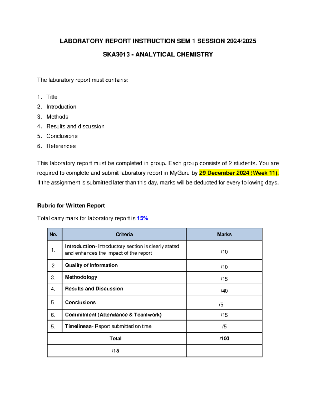 LAB Report Instruction SKA3013 A241 - LABORATORY REPORT INSTRUCTION SEM ...