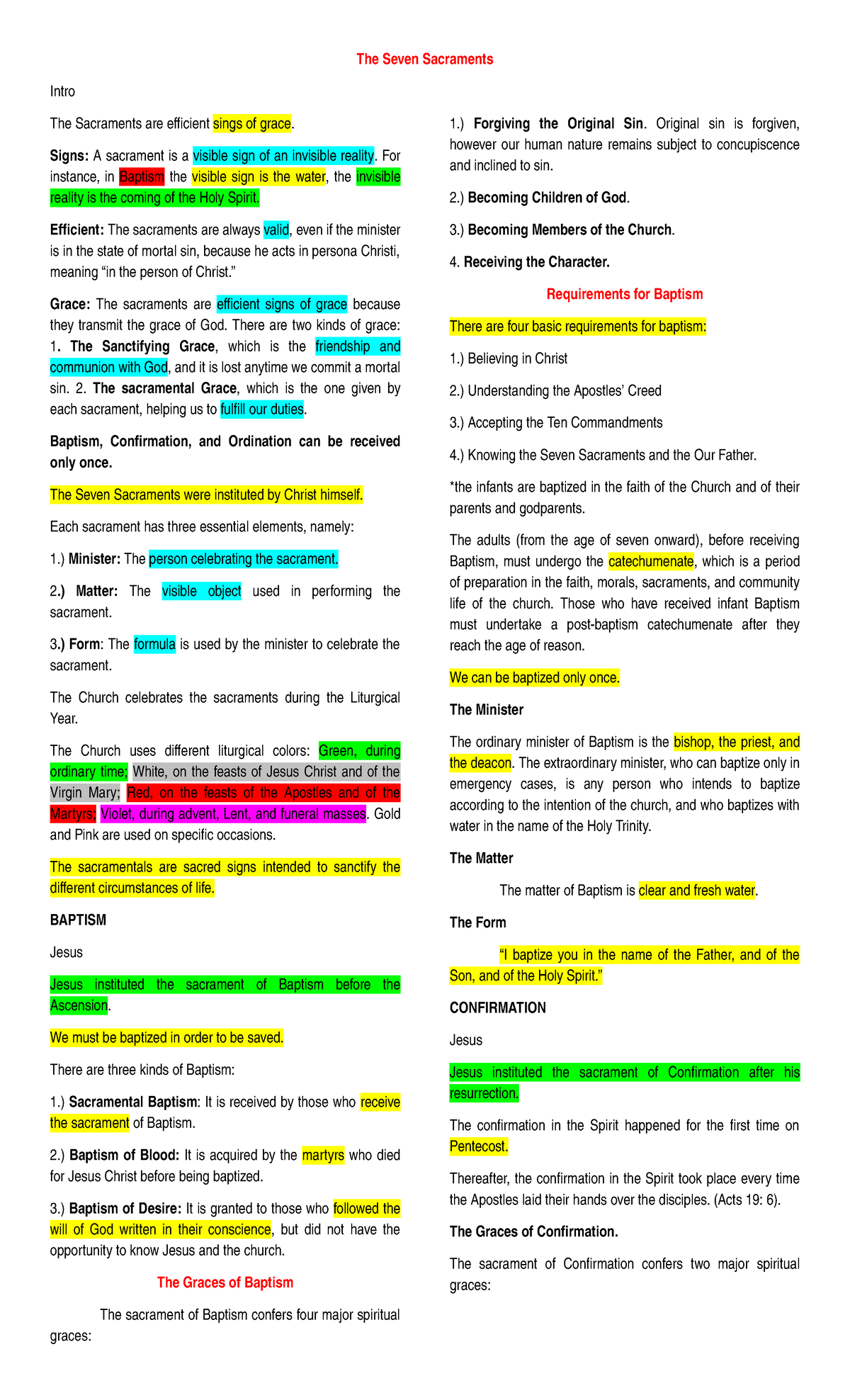 The Seven Sacraments Reviewer (Religious Education) - Medical ...
