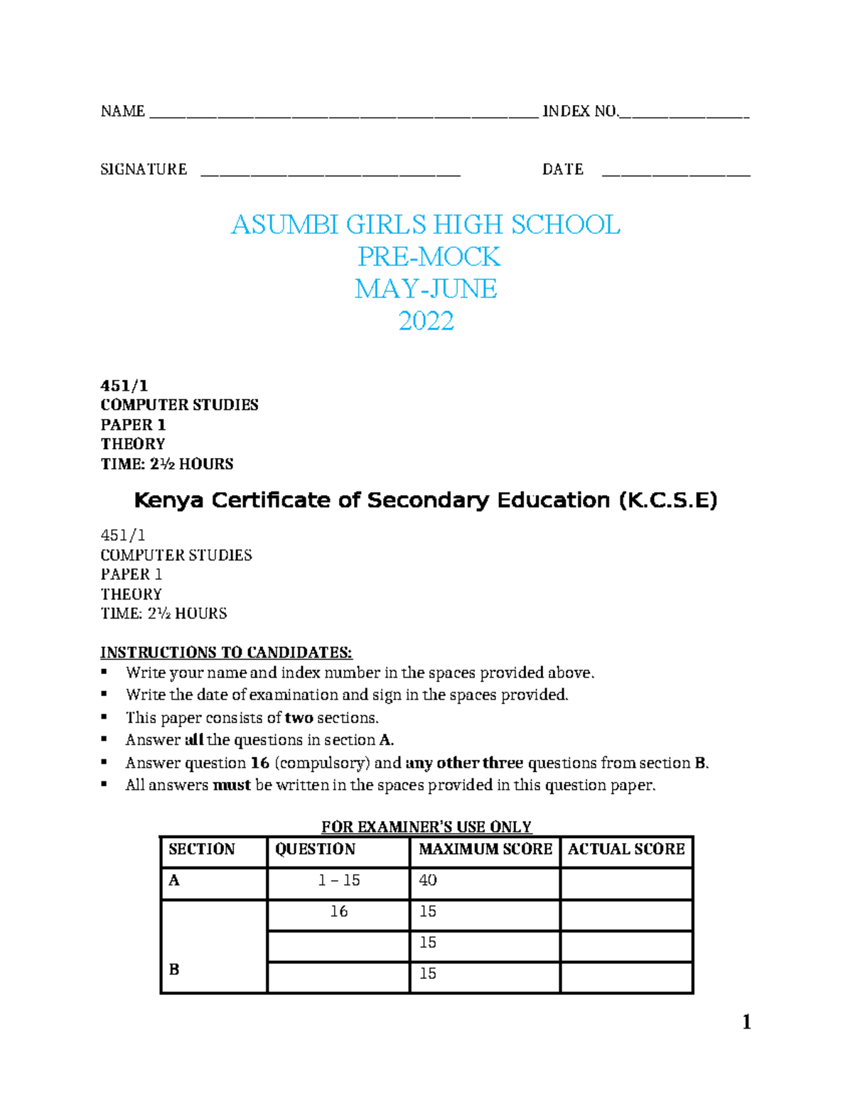 451 1 Computer Studies PP1 QSTN - NAME - Studocu