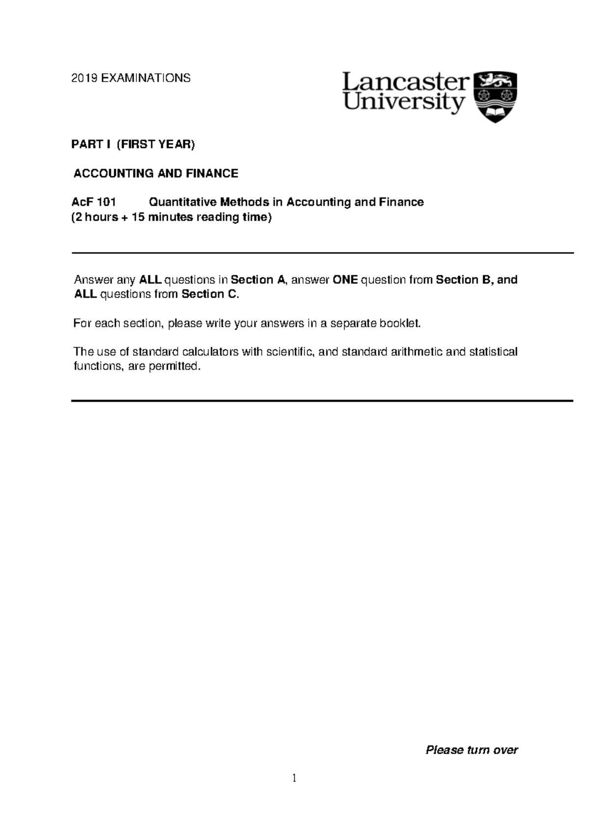 Quantitative methods for accounting and finance (ACF 101) - 2019 ...