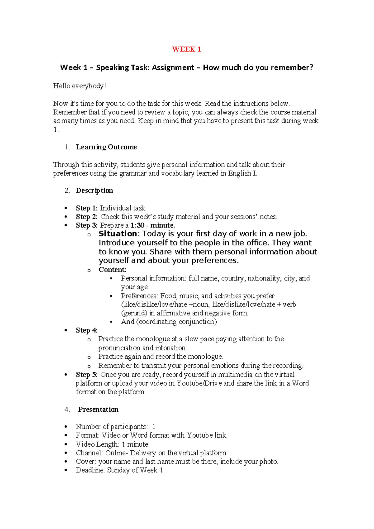 Task 1 - WEEK 1 Week 1 – Speaking Task: Assignment – How much do you ...