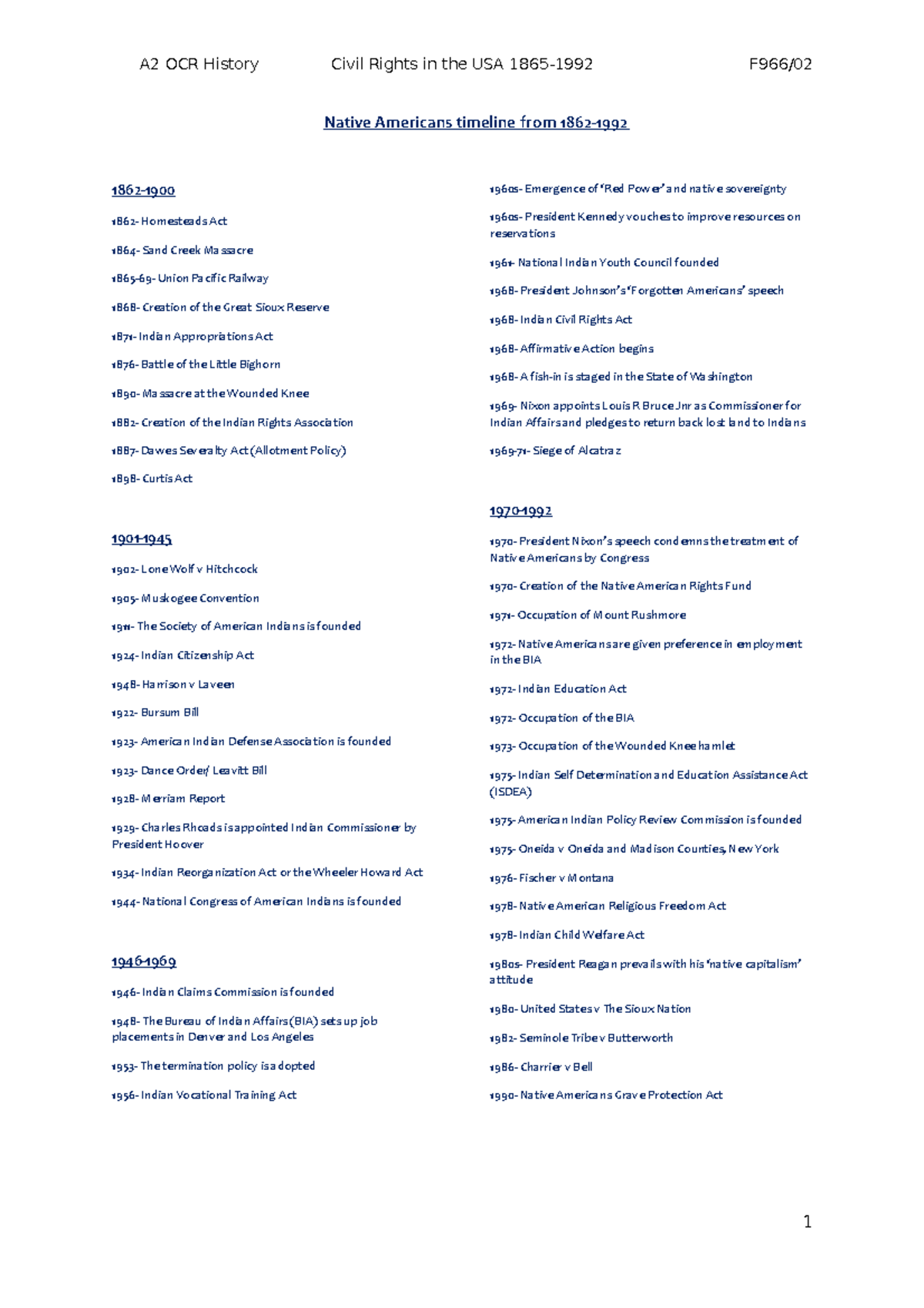 Native Americans- Revision guide - Native Americans timeline from 1862 ...