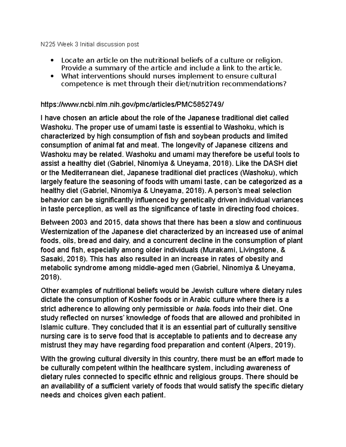 N225 Week 3 Discussion post - N225 Week 3 Initial discussion post ...