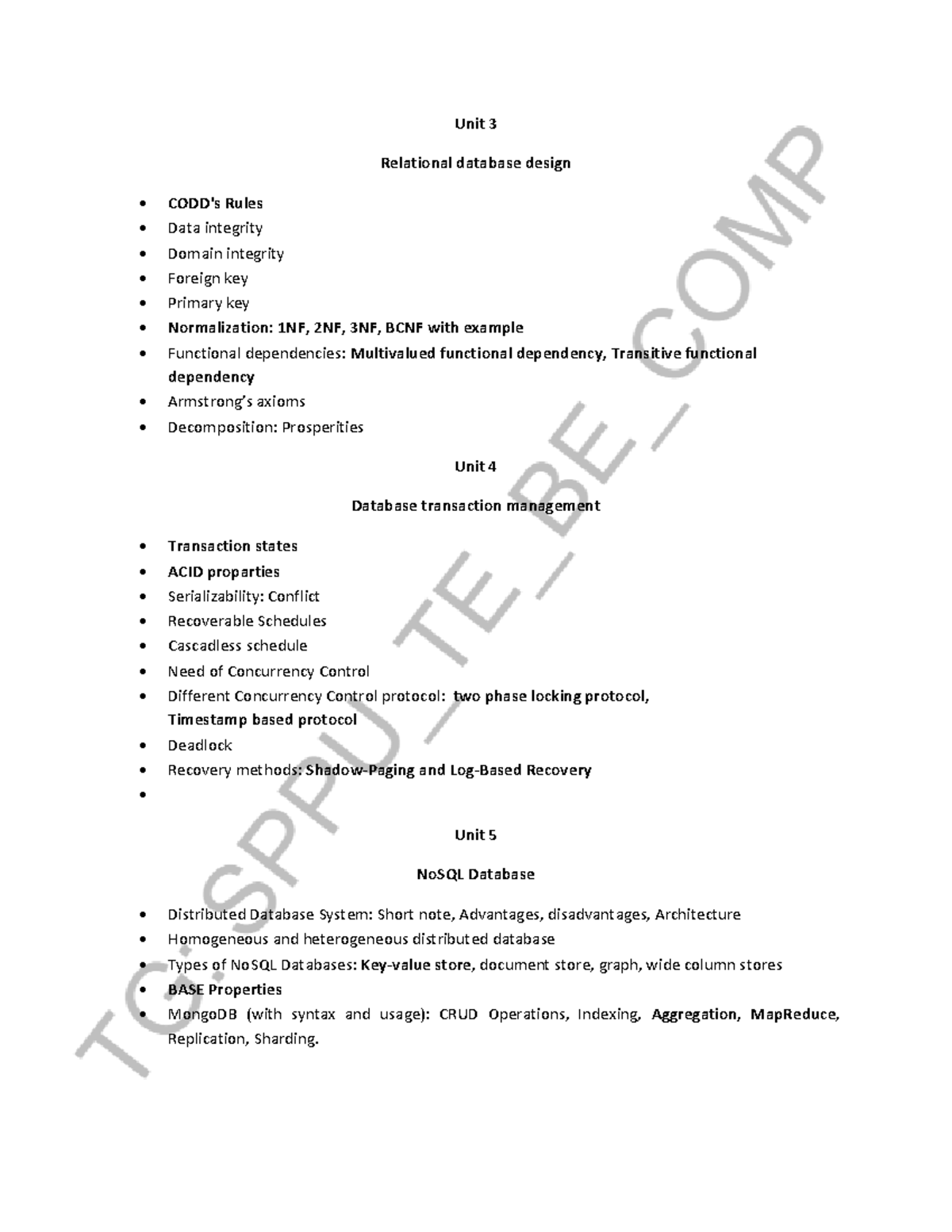 Dbms imp question - no - Unit 3 Relational database design CODD's Rules Data integrity Domain ...
