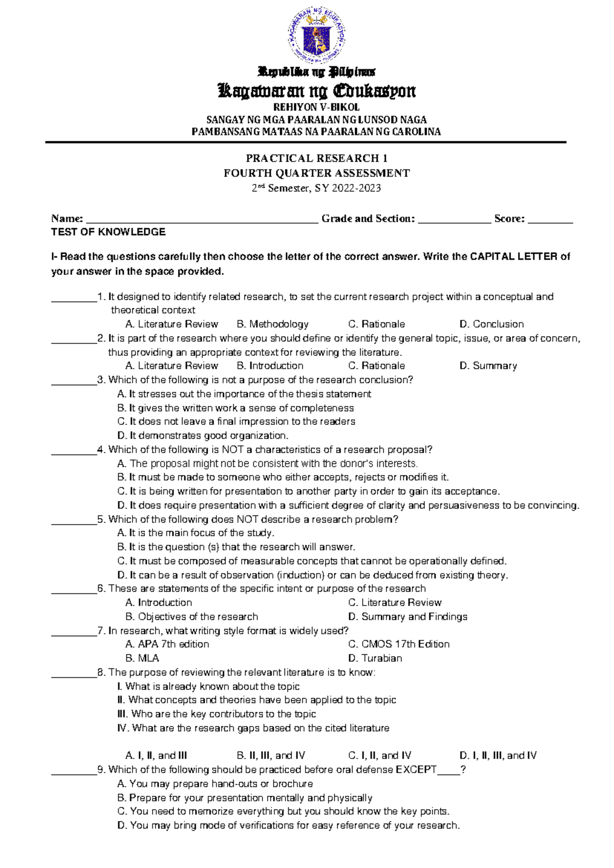 PR1-4th Quarter Assessment - Republika ng Pilipinas Kagawaran ng ...