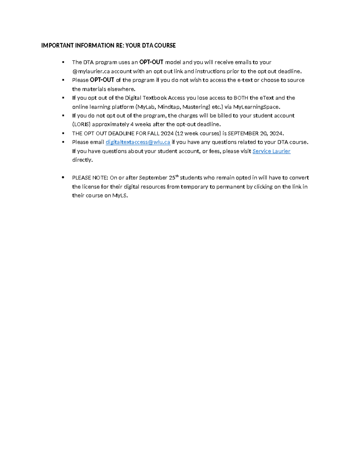 Important Information FOR YOUR DTA Course F2024 - IMPORTANT INFORMATION ...