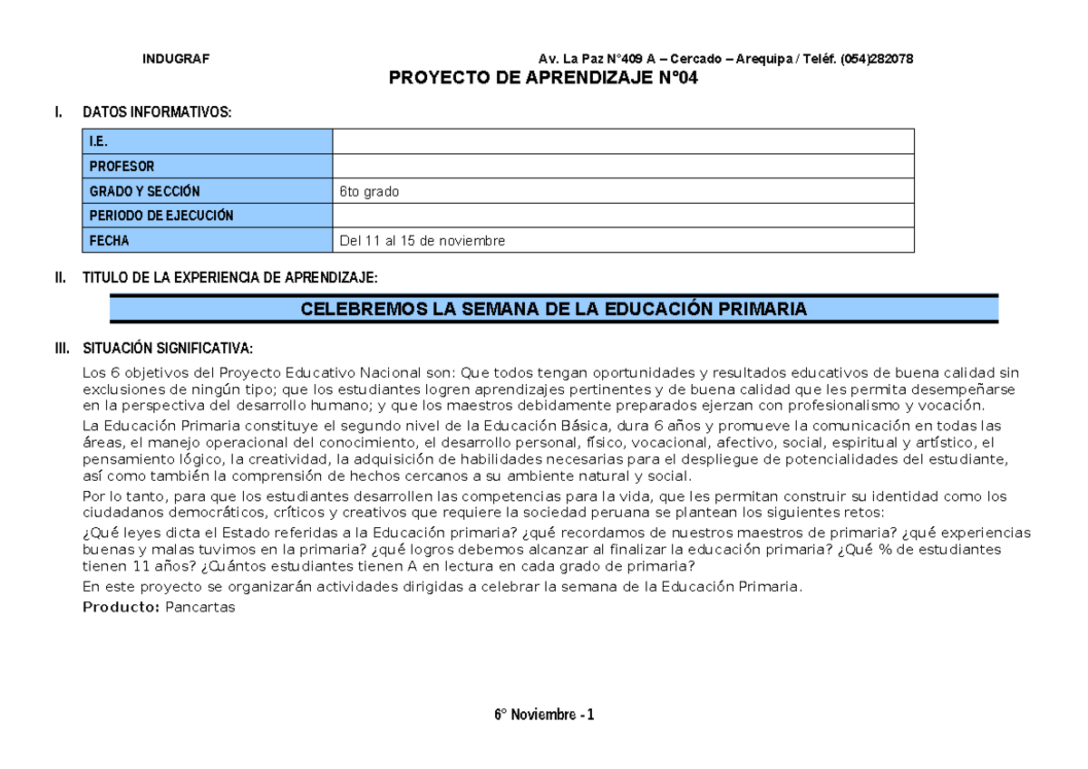 6° Grado - Proyecto DE Aprendizaje N°04 - PROYECTO DE APRENDIZAJE N° I. DATOS INFORMATIVOS: I ...