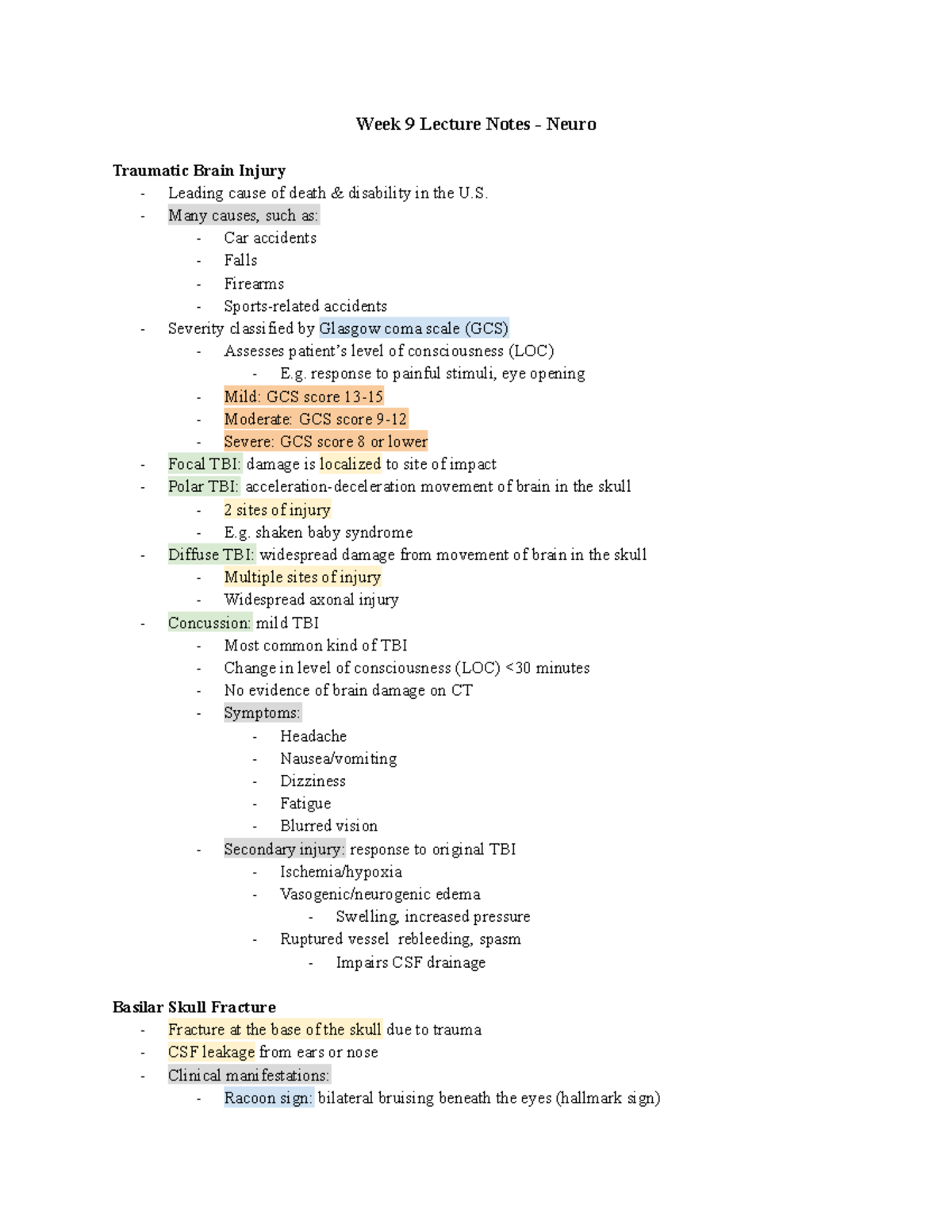 Neuro Notes - Week 9 Lecture Notes - Neuro Traumatic Brain Injury ...