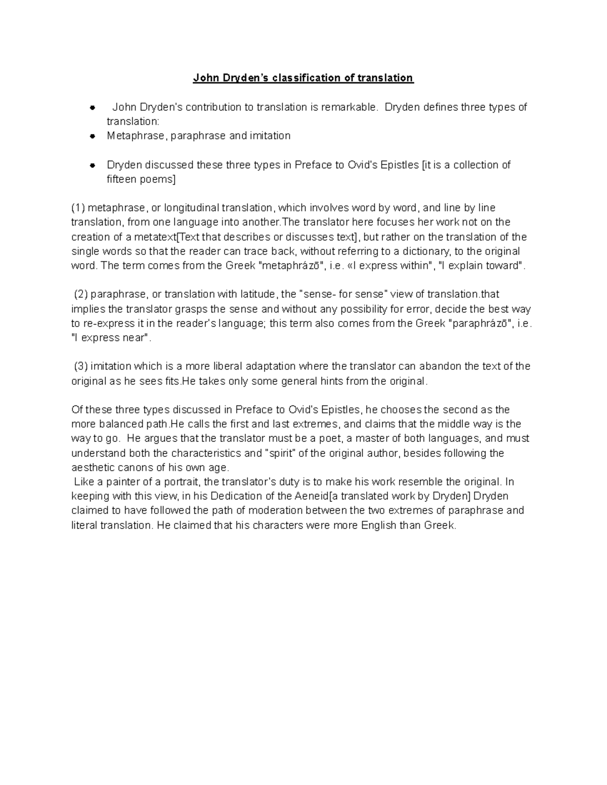 John Dryden’s classification of translation - Dryden defines three ...