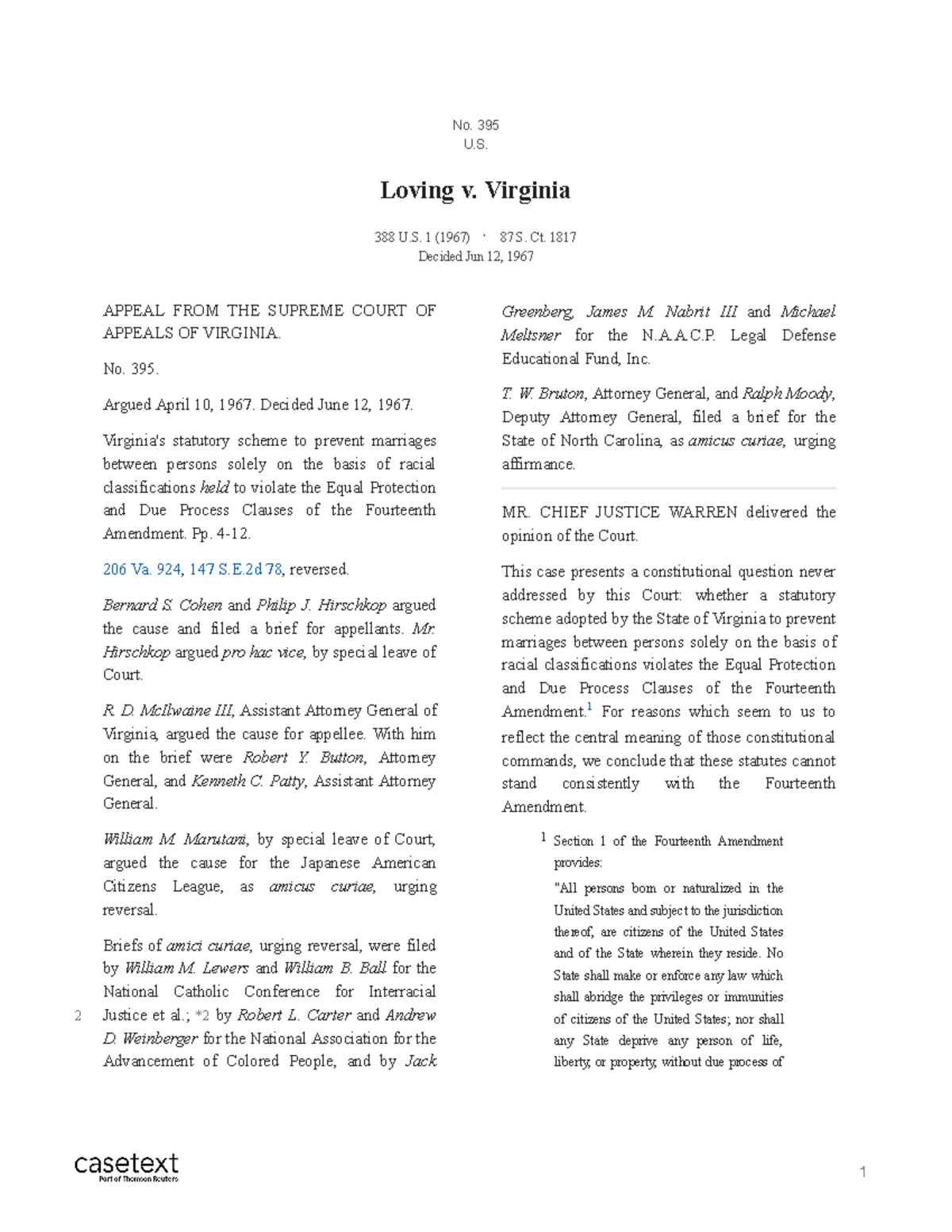 Án lệ Lovings. Virginia - No. 395 U. Loving v. Virginia 388 U. 1 (1967 ...