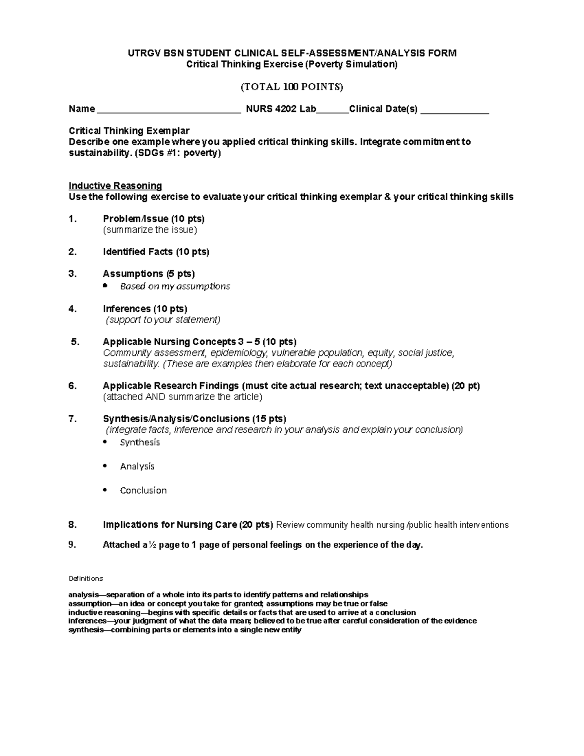 4202 Pov Sim thinking ex - UTRGV BSN STUDENT CLINICAL SELF-ASSESSMENT/ANALYSIS FORM Critical ...
