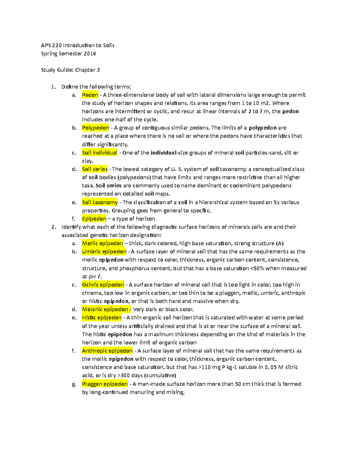 Chp. 3 Soil Study Guide - APS 220 Introduction to Soils Spring Semester 2016 Study Guide ...