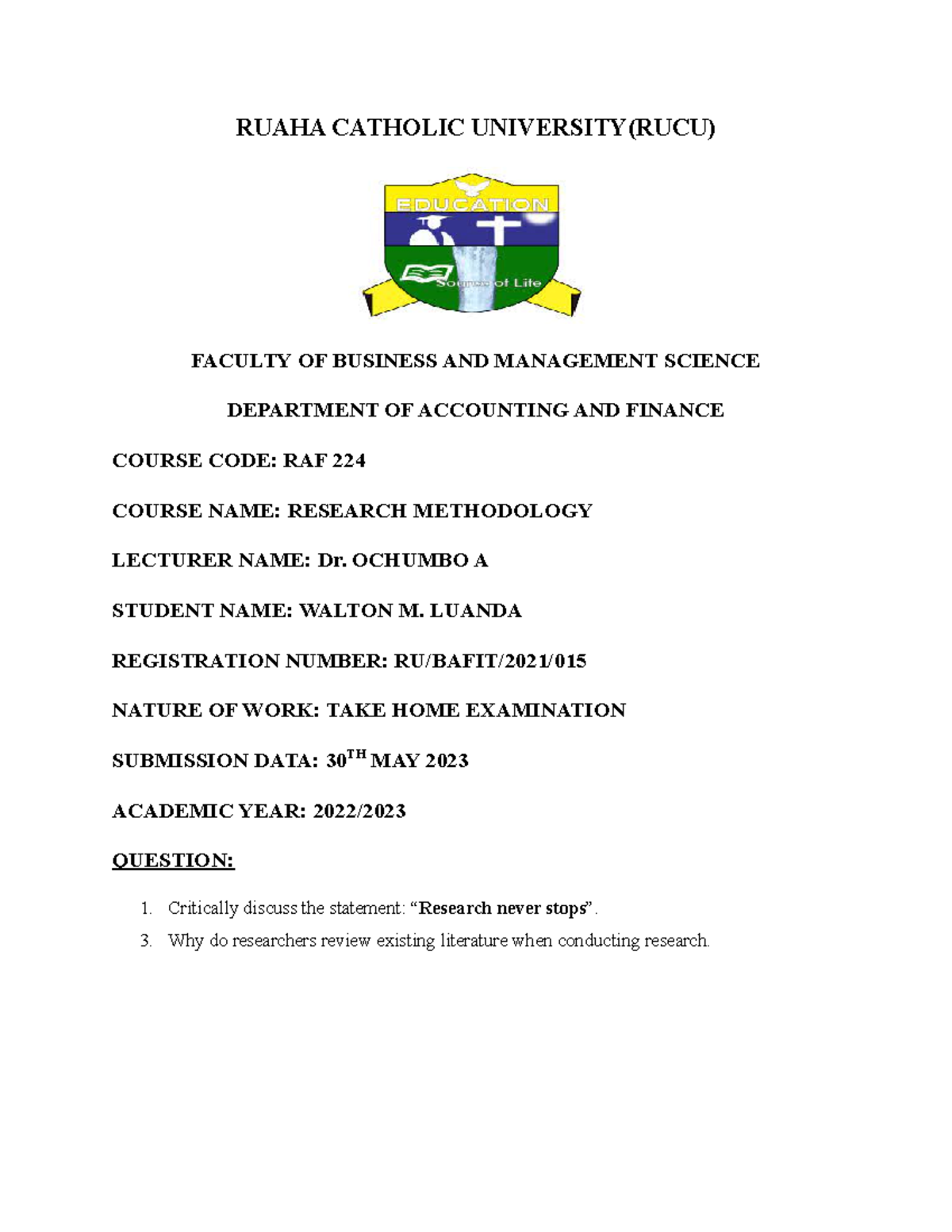 Take home examination - RUAHA CATHOLIC UNIVERSITY(RUCU) FACULTY OF ...
