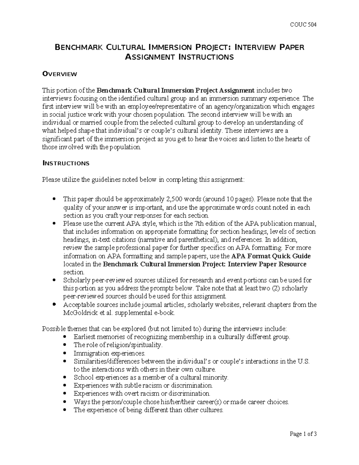 Benchmark Cultural Immersion Project Interview Paper Assignment ...