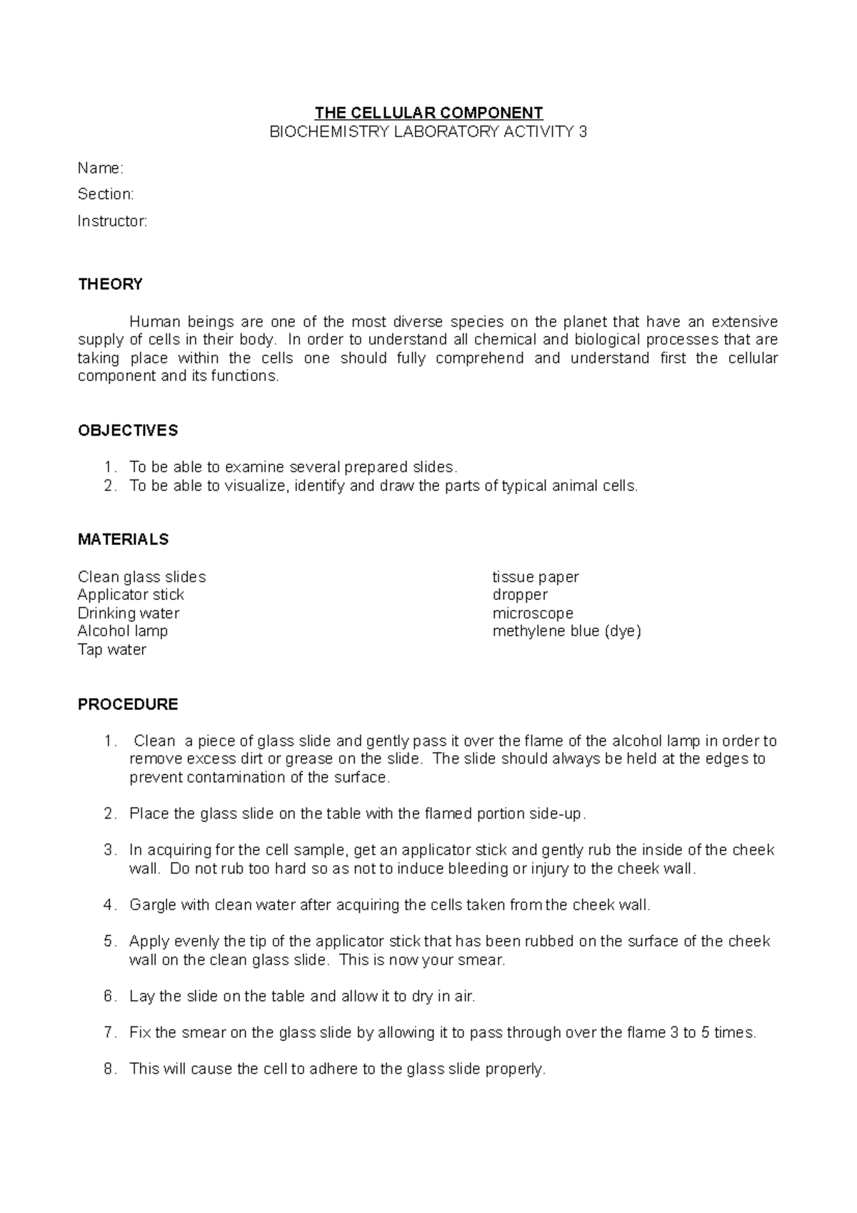 LAB ACT3 Cellular Component - THE CELLULAR COMPONENT BIOCHEMISTRY ...