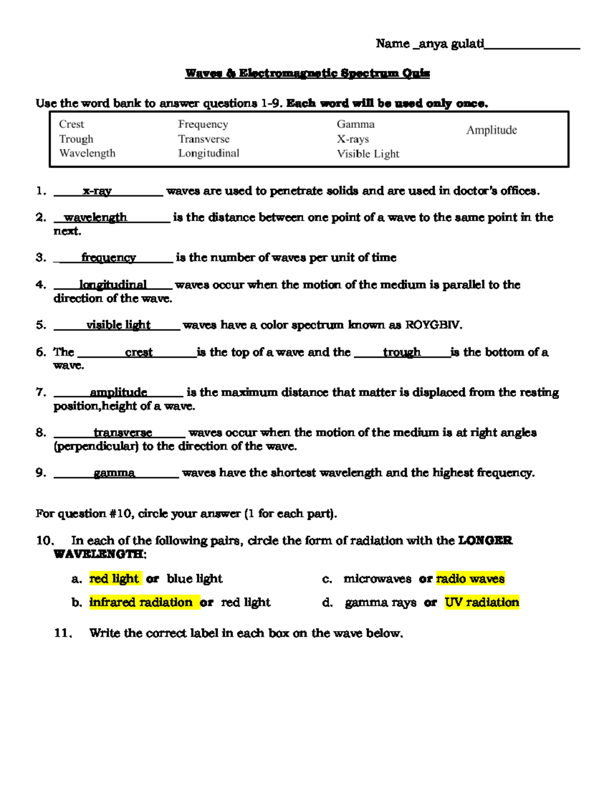 Copy of EM and Waves quiz - Name anya gulati_______________ Waves ...